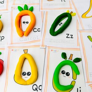 Alphabet Playdough Mats, Play Doh Cards, Fruit and Veggie Playdough ...