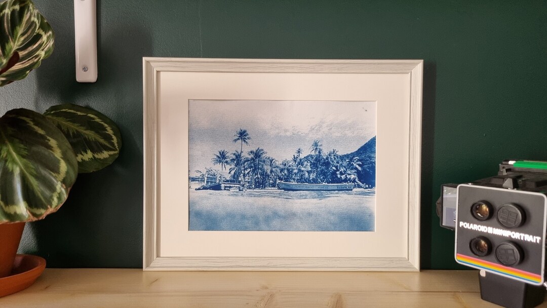 Blue Cyanotype Poster on the Edge of the Island Handmade Print, Beach ...