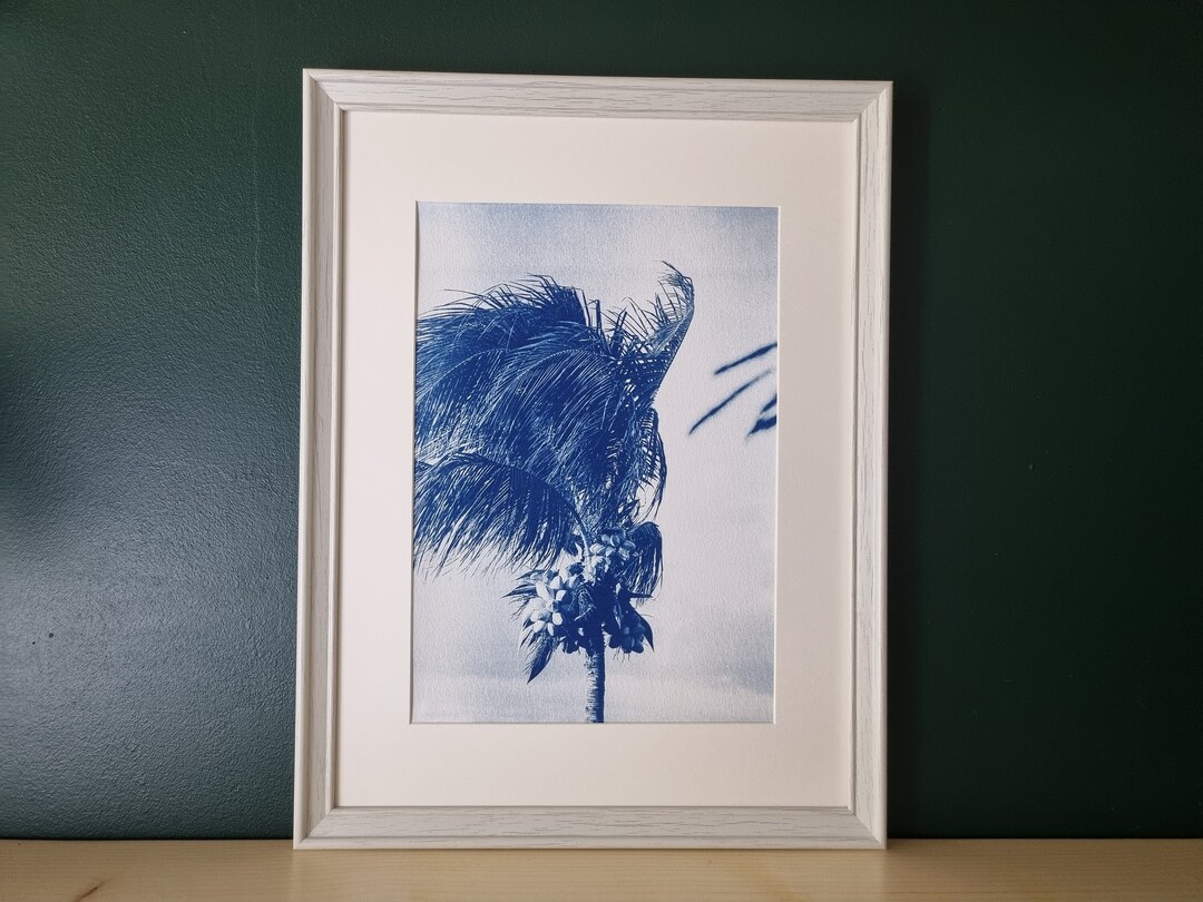 Blue Decorative Poster of a Coconut Tree by the Sea, for Living Room ...