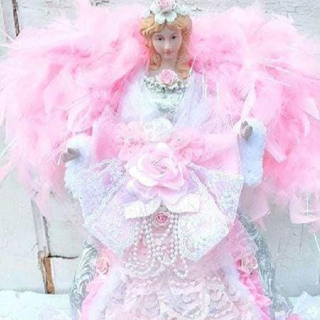 Pink Angel Tree Topper 16" Christmas Decor Fluffy Pink Feathery Wings ...