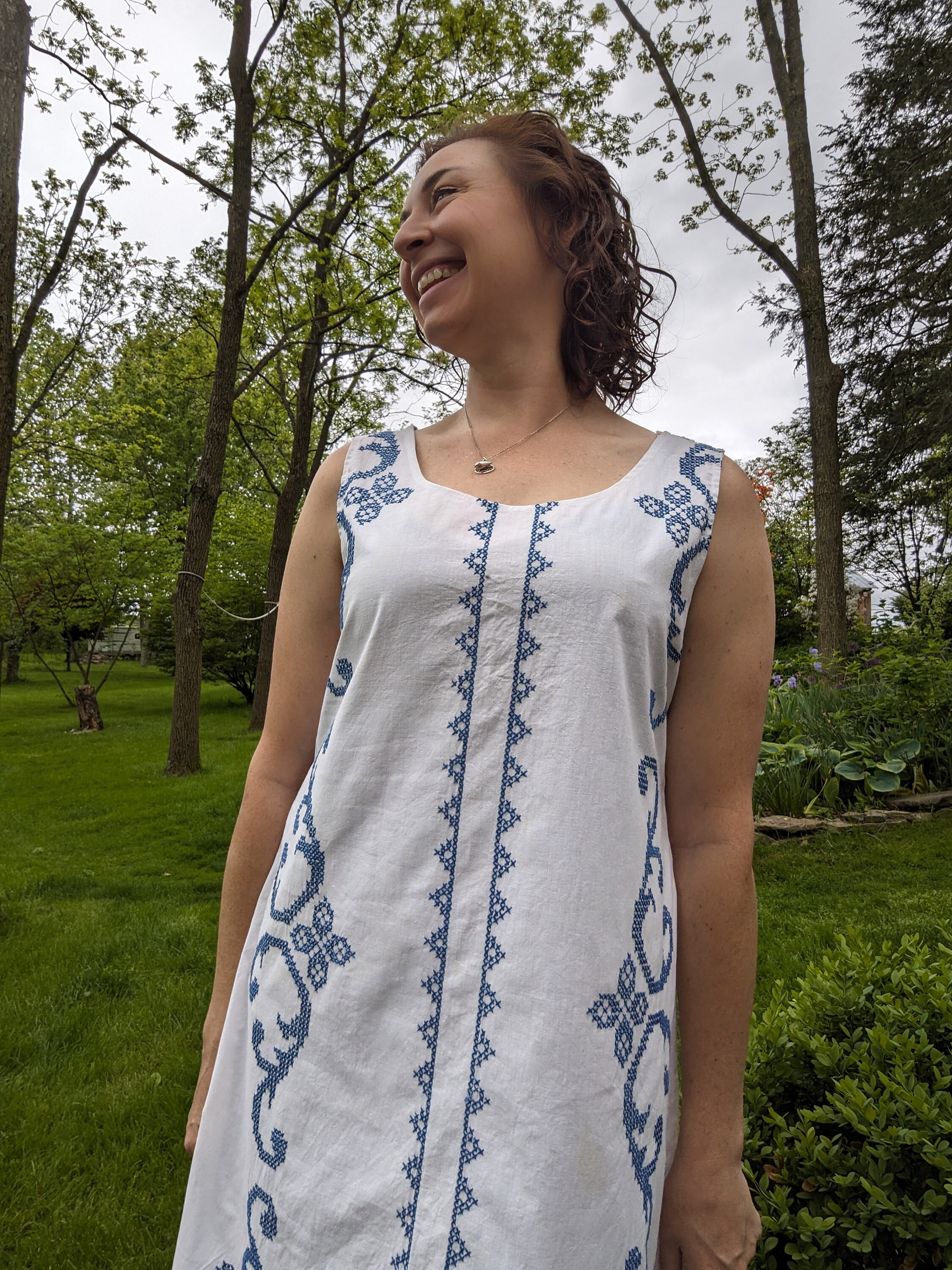 Blue and White Medium Large Sundress Summer Dress Embroidered Vintage ...