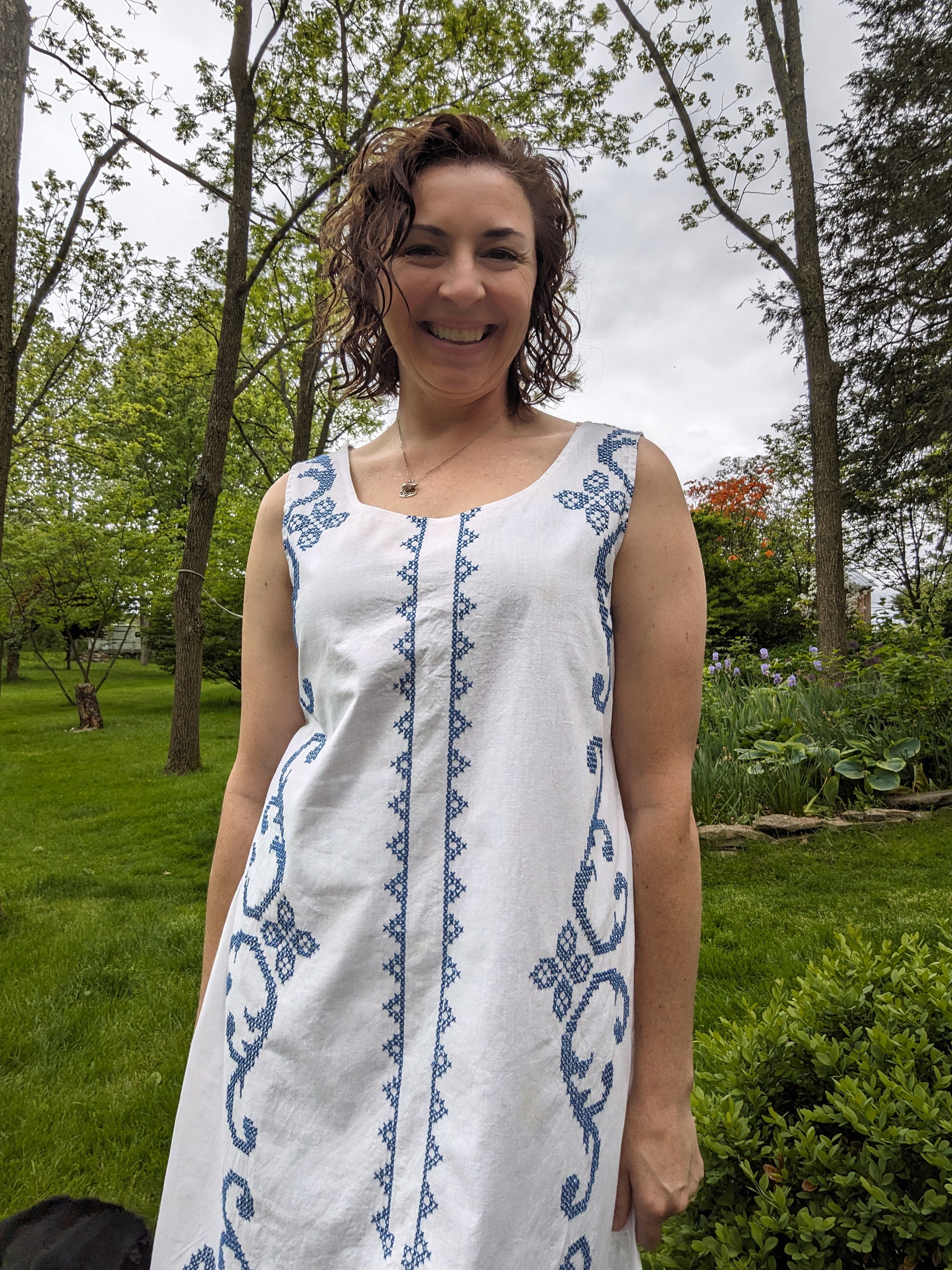 Blue and White Medium Large Sundress Summer Dress Embroidered Vintage ...