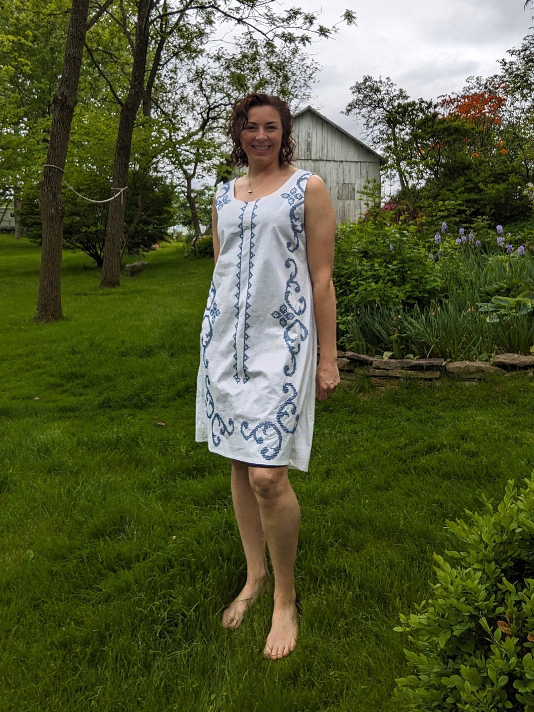 Blue and White Medium Large Sundress Summer Dress Embroidered Vintage ...