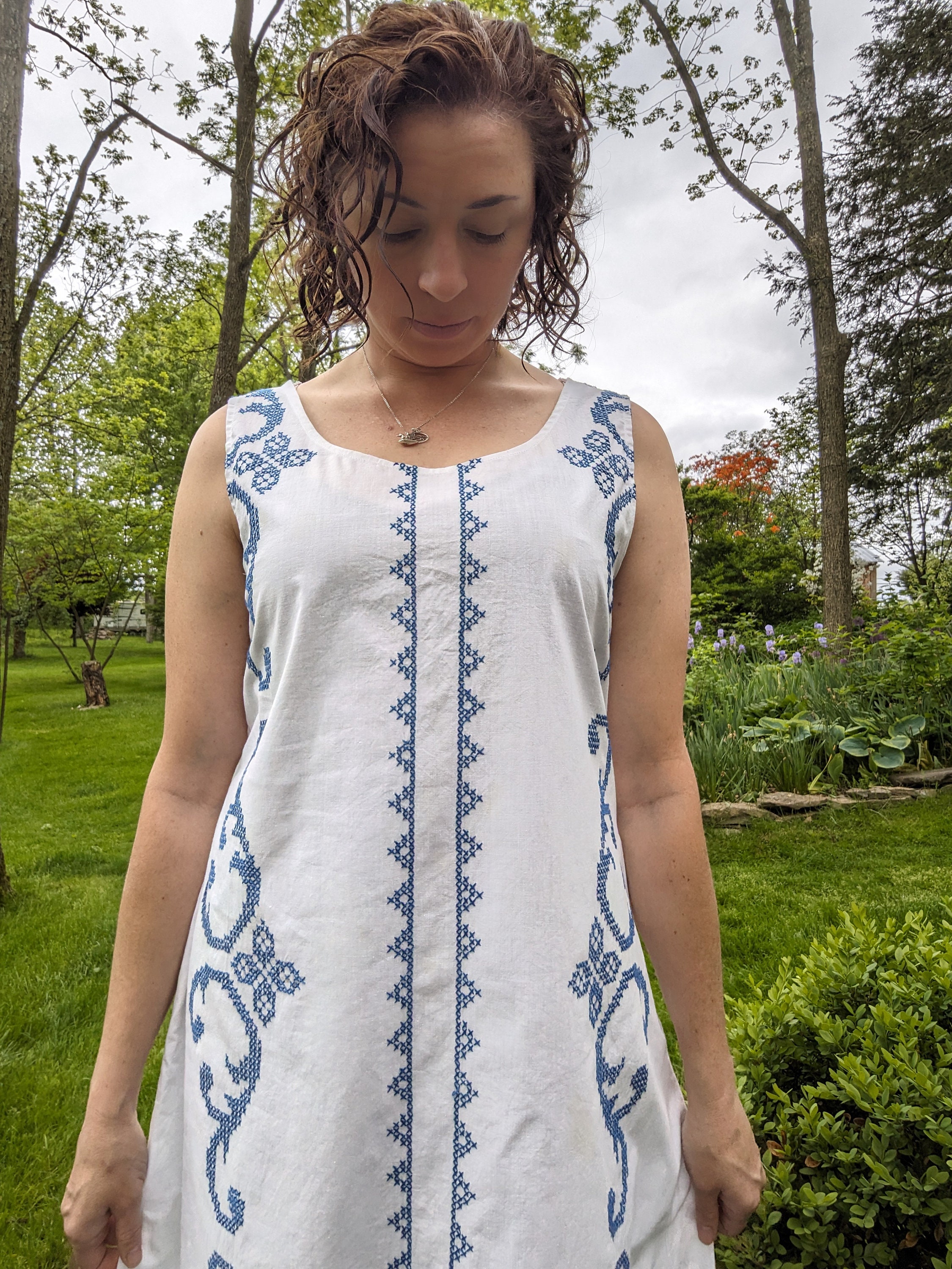 Blue and White Medium Large Sundress Summer Dress Embroidered Vintage ...