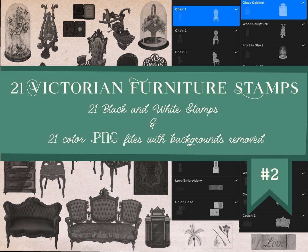 21 Vintage Procreate Stamps & PNG Files Set #2; Victorian Furniture ...