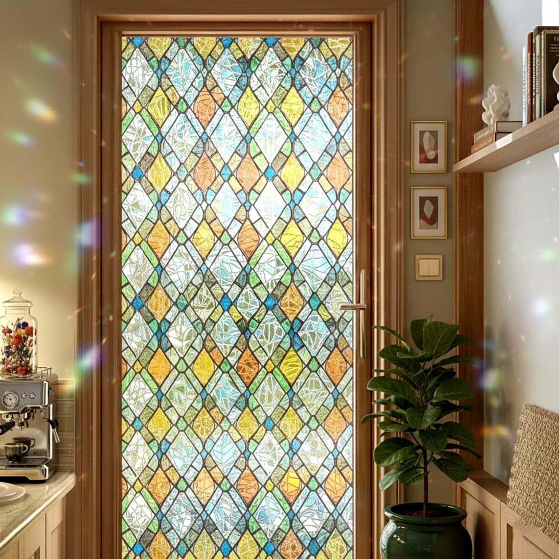 Lattice Stained Glass Window Film Static Cling | Rainbow Privacy Window ...