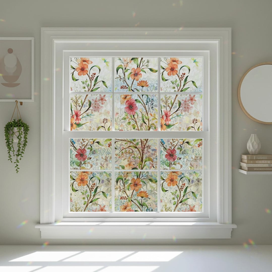 Stained Glass Privacy Window Film, Rainbow Blooming Vines Pattern ...