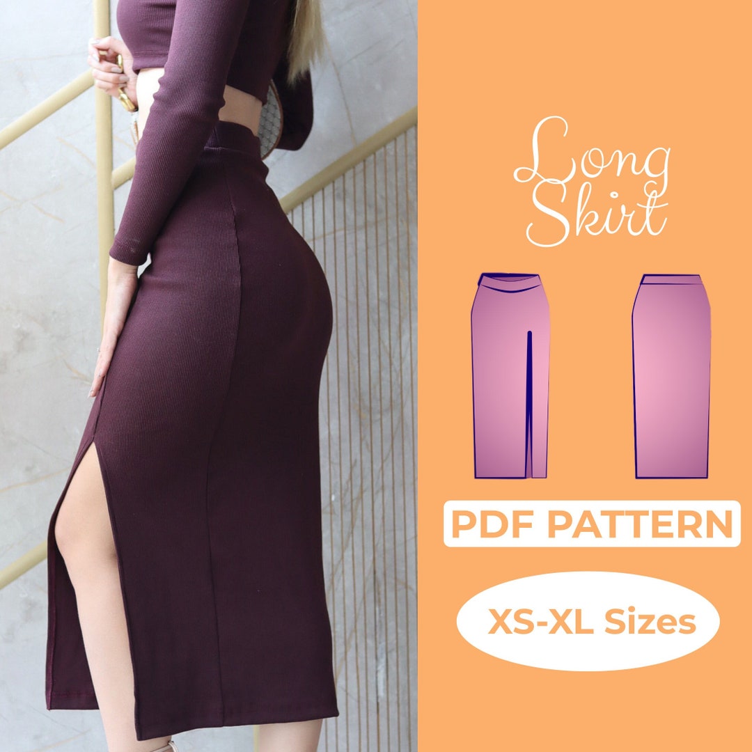 Front Slit Skirt Sewing Pattern, Curvy Long Bodycon Skirt, 2 Length ...