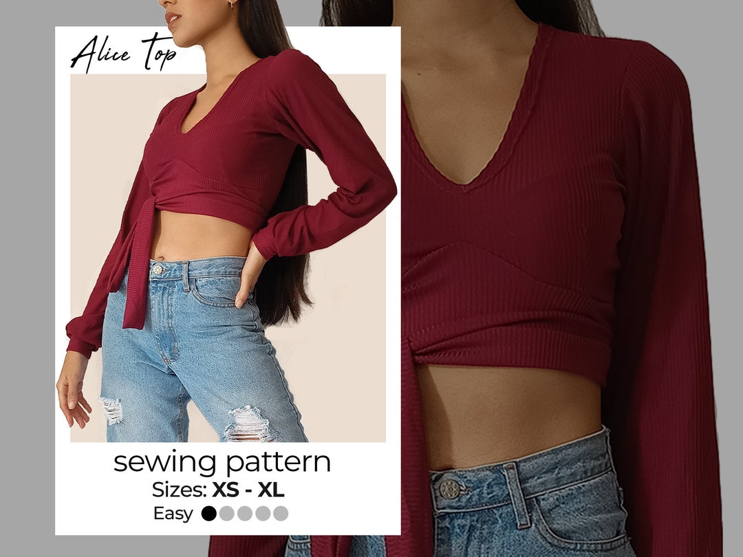 Cropped Long Sleeve Sewing Pattern | V-neck Crop Top Sewing Pattern ...