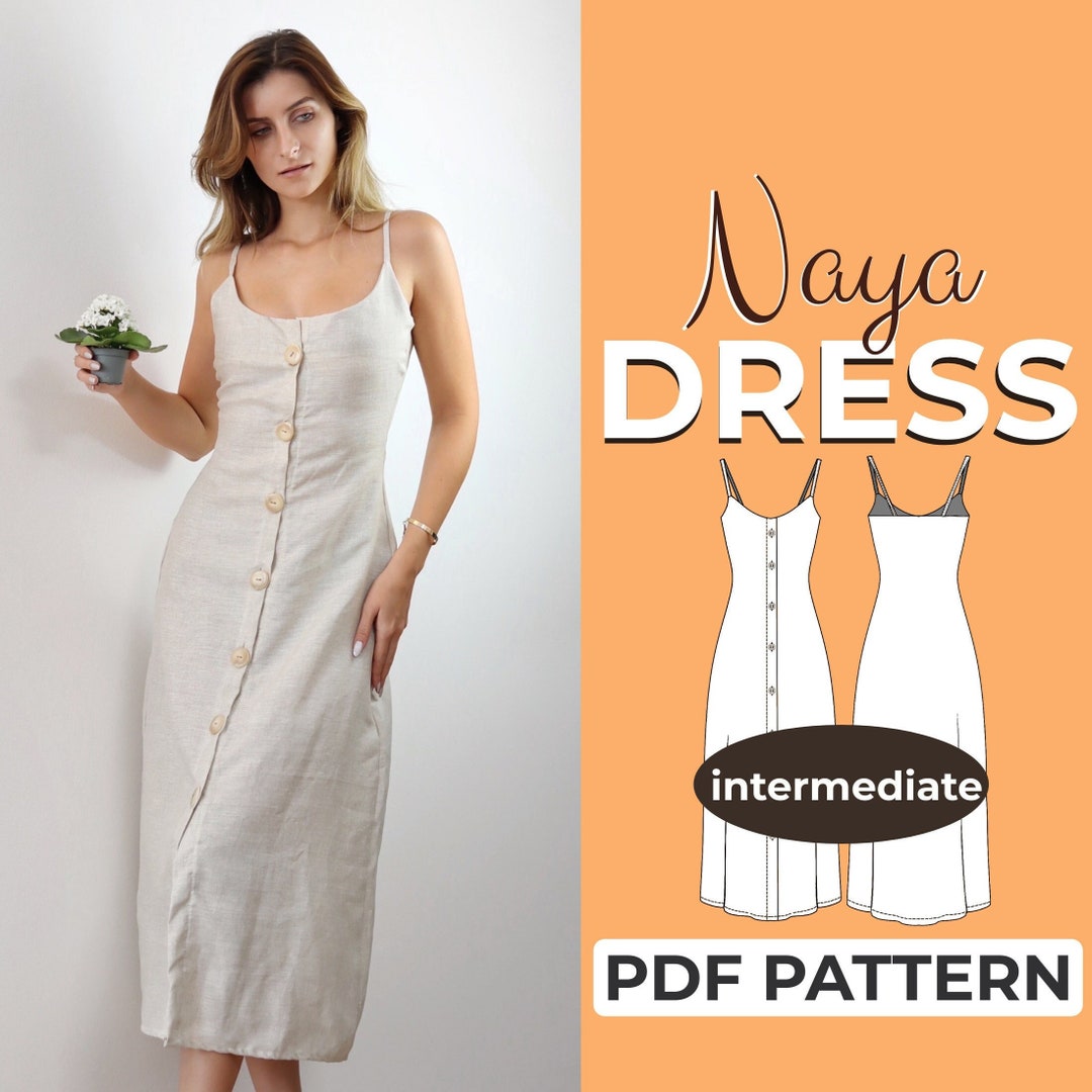 Button up Dress Sewing Pattern | Sleeveless Spaghetti Strap Dress | A0 ...