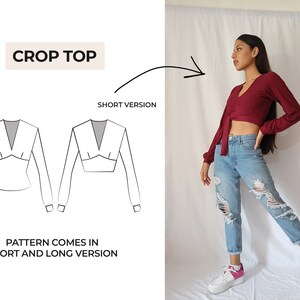 Cropped Long Sleeve Sewing Pattern | V-neck Crop Top Sewing Pattern ...