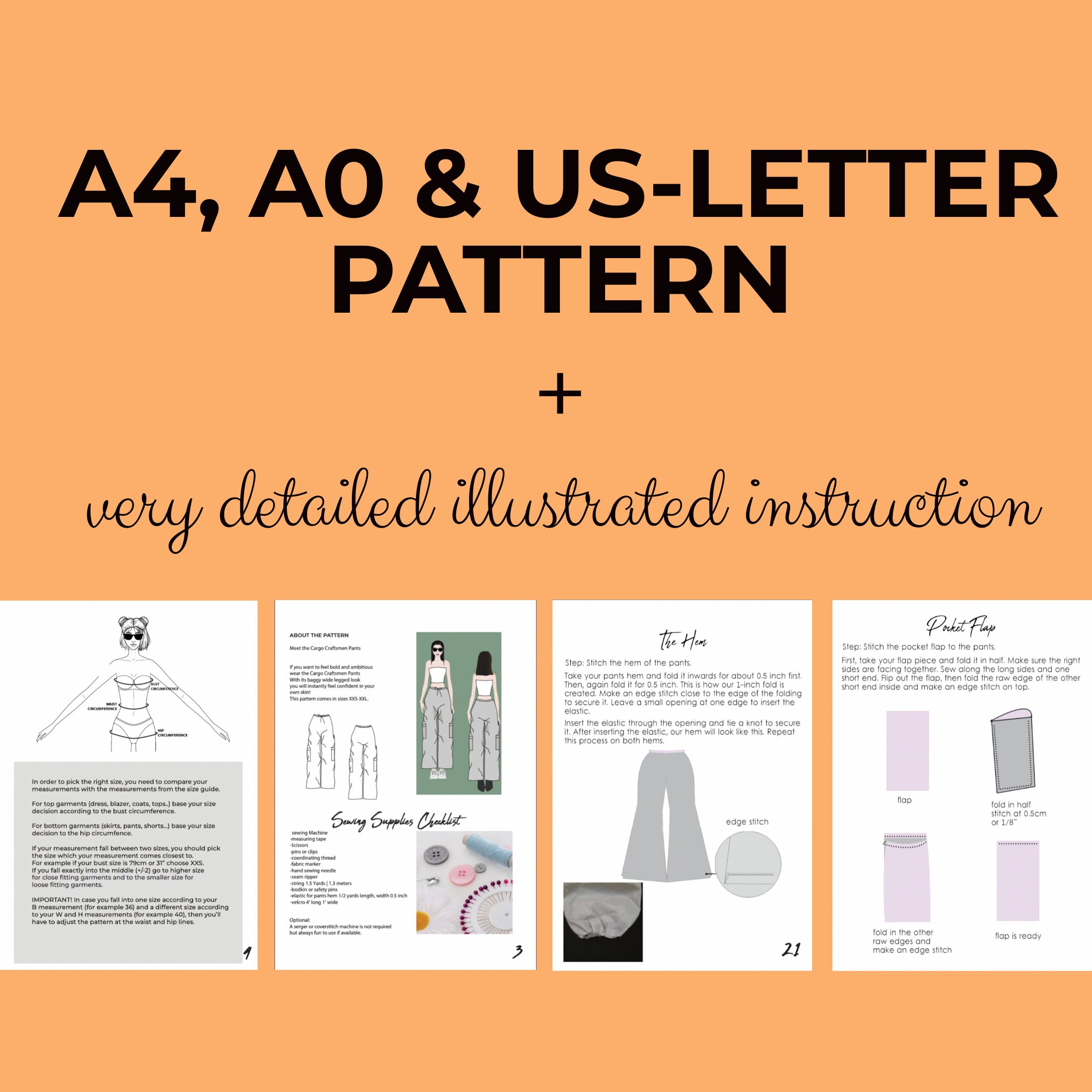 Parachute Cargo Pants Sewing Pattern, XXS - XXL, High Waisted Flowy ...