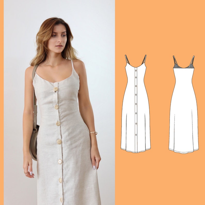 Button up Dress Sewing Pattern | Sleeveless Spaghetti Strap Dress | A0 ...