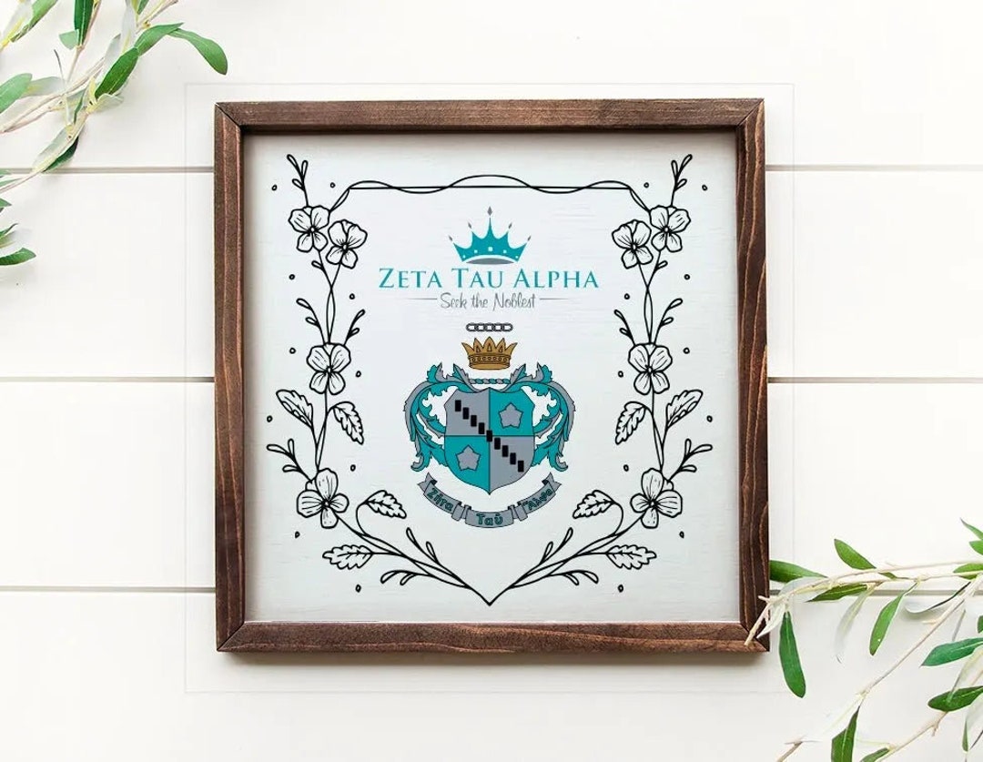 Zeta Tau Alpha 12x12 Wood Framed Sign White Violet Frame Crest ZTA ...