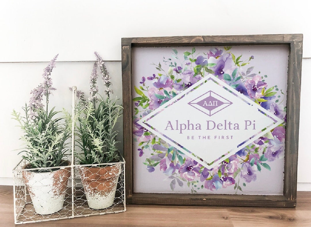 Alpha Delta Pi 12x12 Wood Framed Sign - Purple Floral Diamond Frame ...