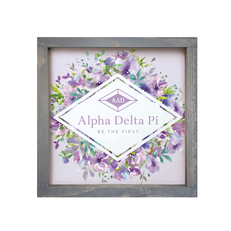 Alpha Delta Pi 12x12 Wood Framed Sign - Purple Floral Diamond Frame ...