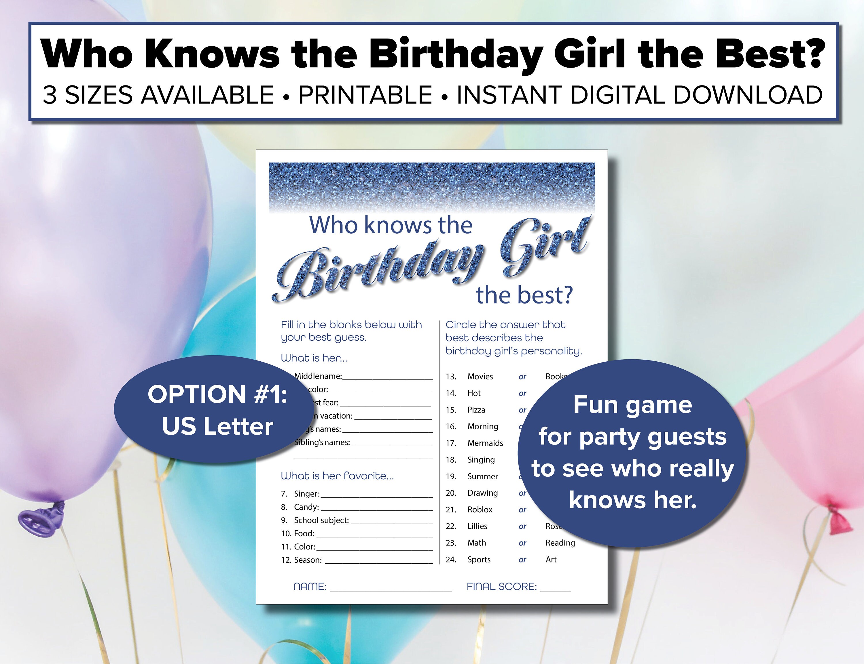 Who Knows the Birthday Girl the Best Game | Blue Glitter Theme Birthday ...