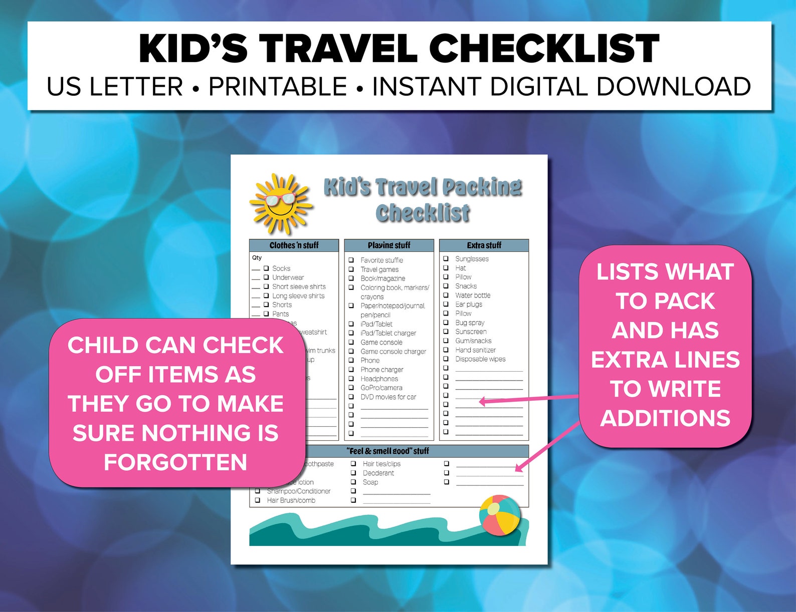 Printable Kid's Packing Checklist, Vacation Checklist - Etsy