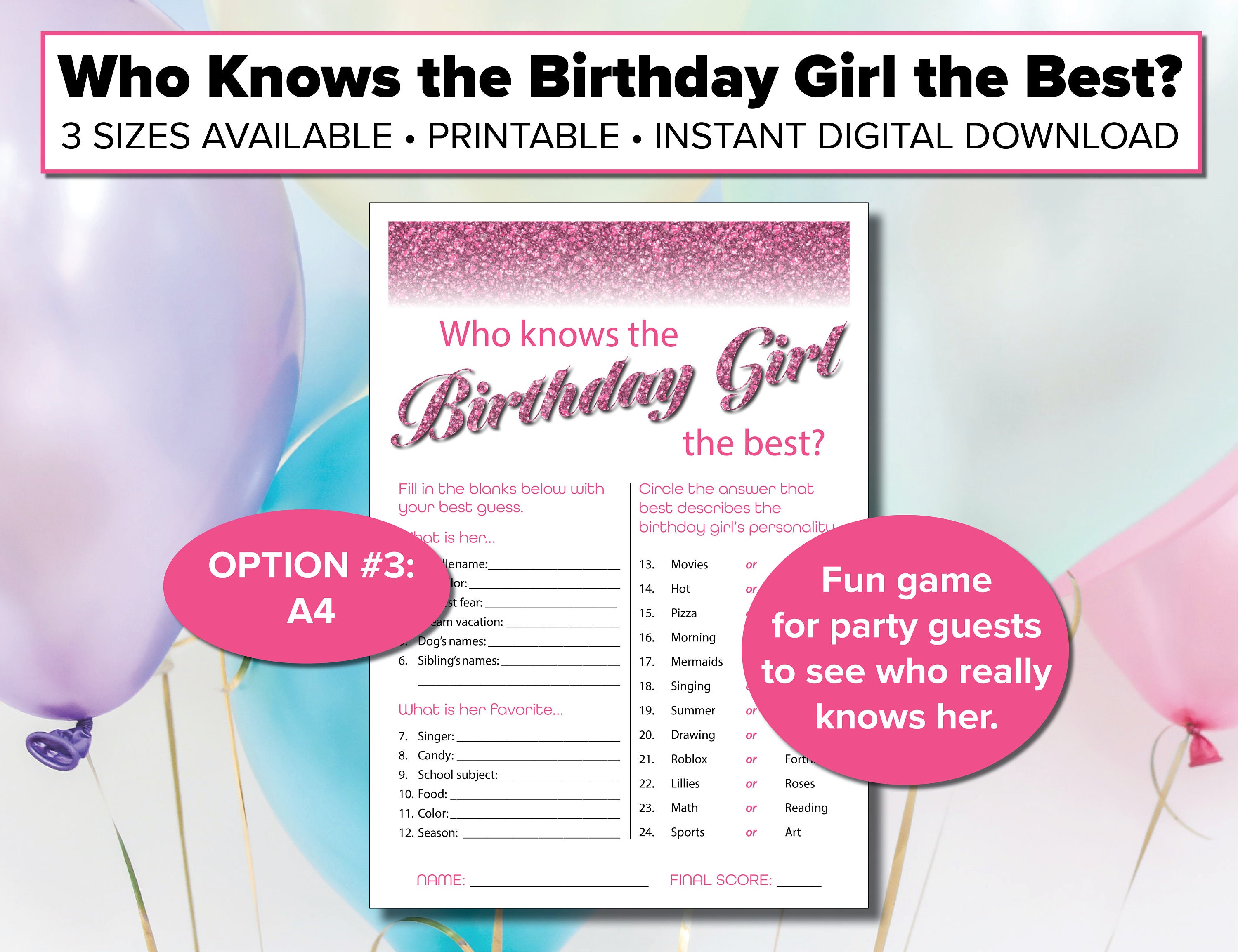 Who Knows the Birthday Girl the Best Game | Pink Glitter Theme Birthday ...