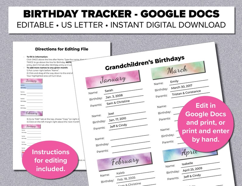Editable Birthday Tracker in Google Docs, Digital Download, Generic ...