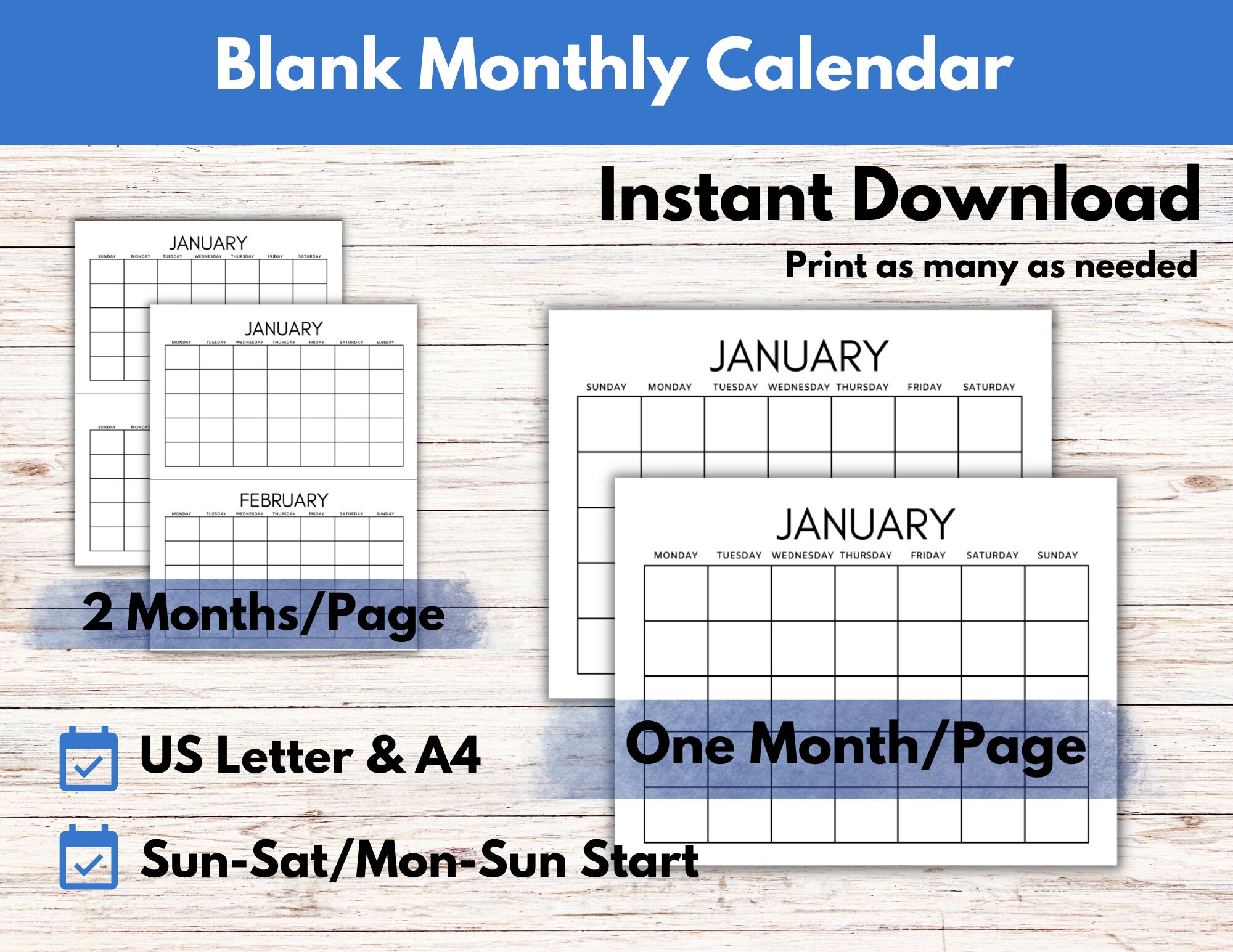 Blank Monthly Calendar Printable Yearly Planner, One Month a Page, Two ...