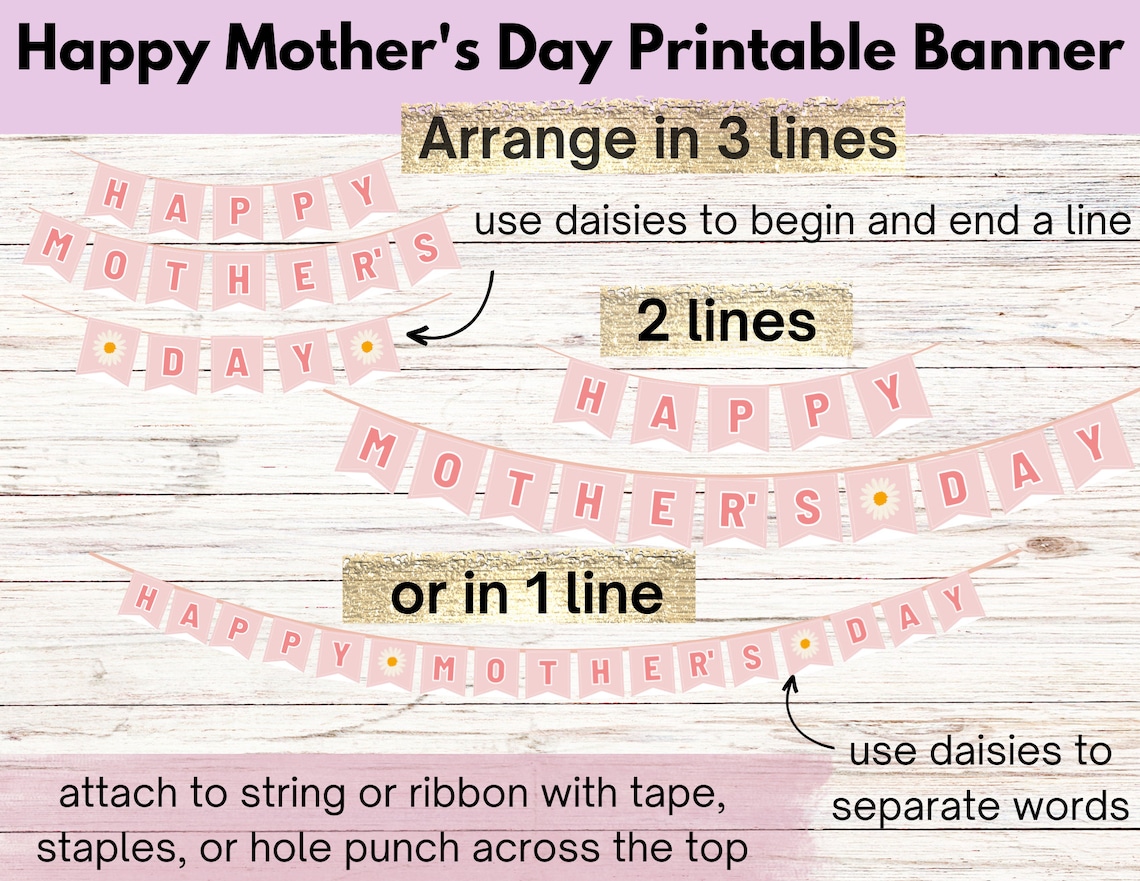 Happy Mother's Day Pink Printable Banner With Daisies, DIY Mothers Day ...