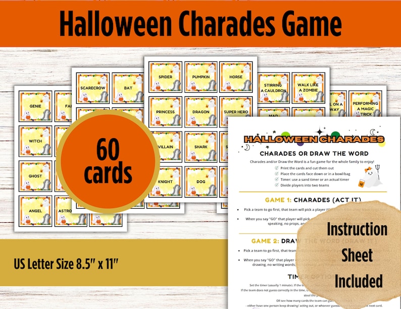 Halloween Charades Printable Game, Family Game Night, Halloween ...