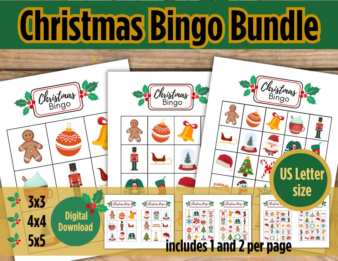 Christmas Bingo Printable Game Cards Bundle, 3x3, 4x4, and 5x5 Grids - Etsy