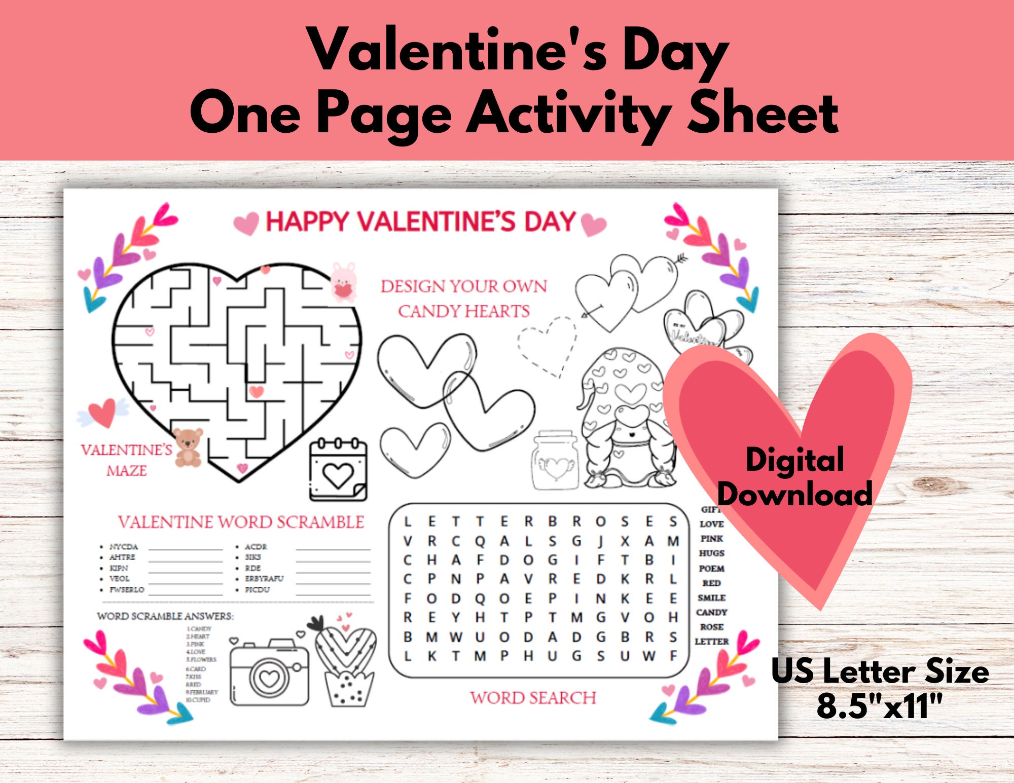 Valentines Day Printable Games, One Page Activity Sheet, Maze, Word ...