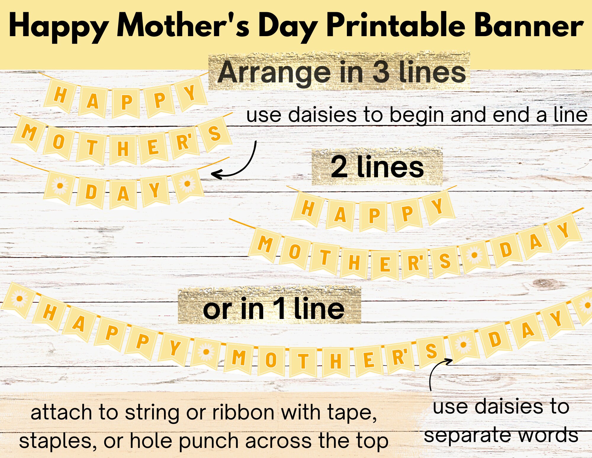 Happy Mother's Day Yellow Printable Banner With Daisies, DIY Mothers ...