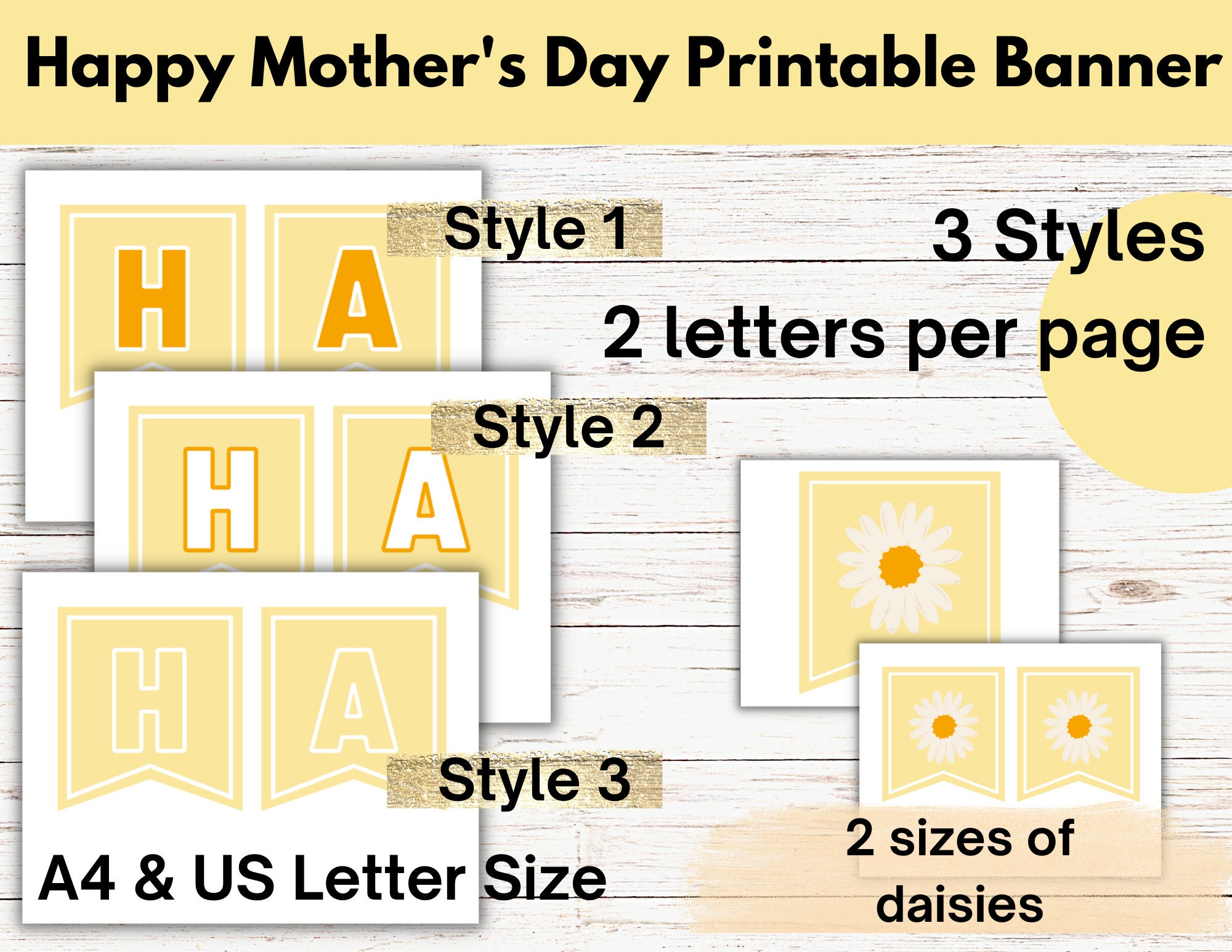 Happy Mother's Day Yellow Printable Banner With Daisies, DIY Mothers ...