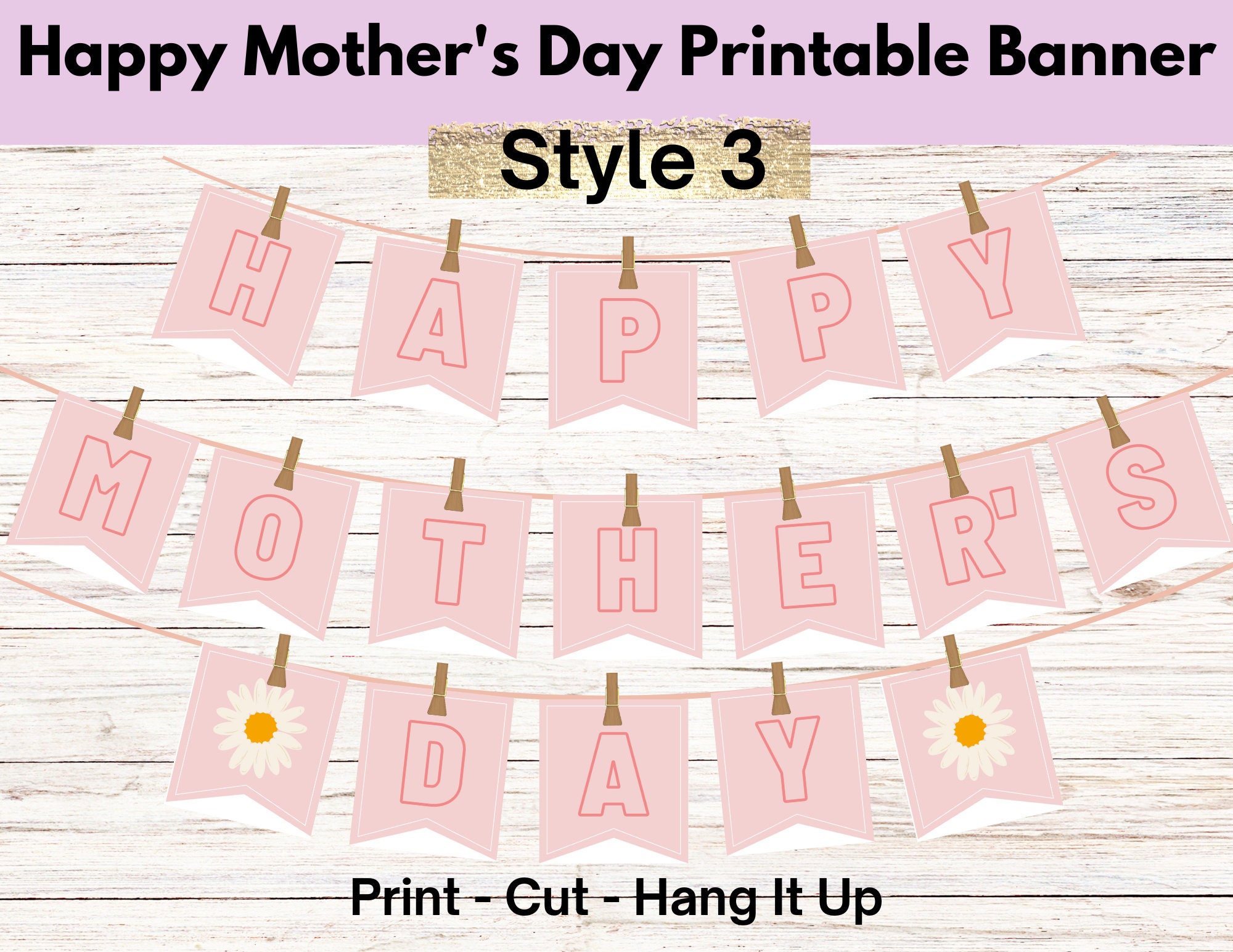 Happy Mother's Day Pink Printable Banner With Daisies, DIY Mothers Day ...
