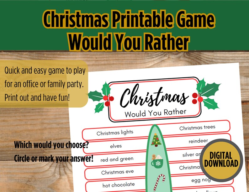 Christmas Printable Game Would You Rather, This or That Icebreaker Game ...