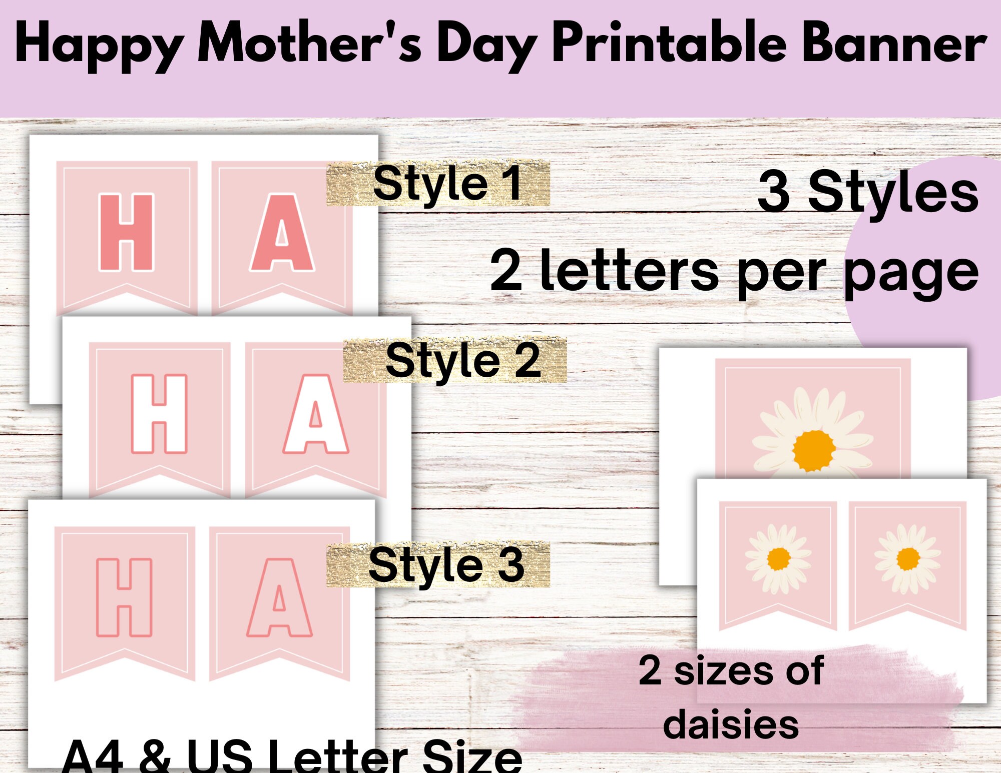 Happy Mother's Day Pink Printable Banner With Daisies, DIY Mothers Day ...