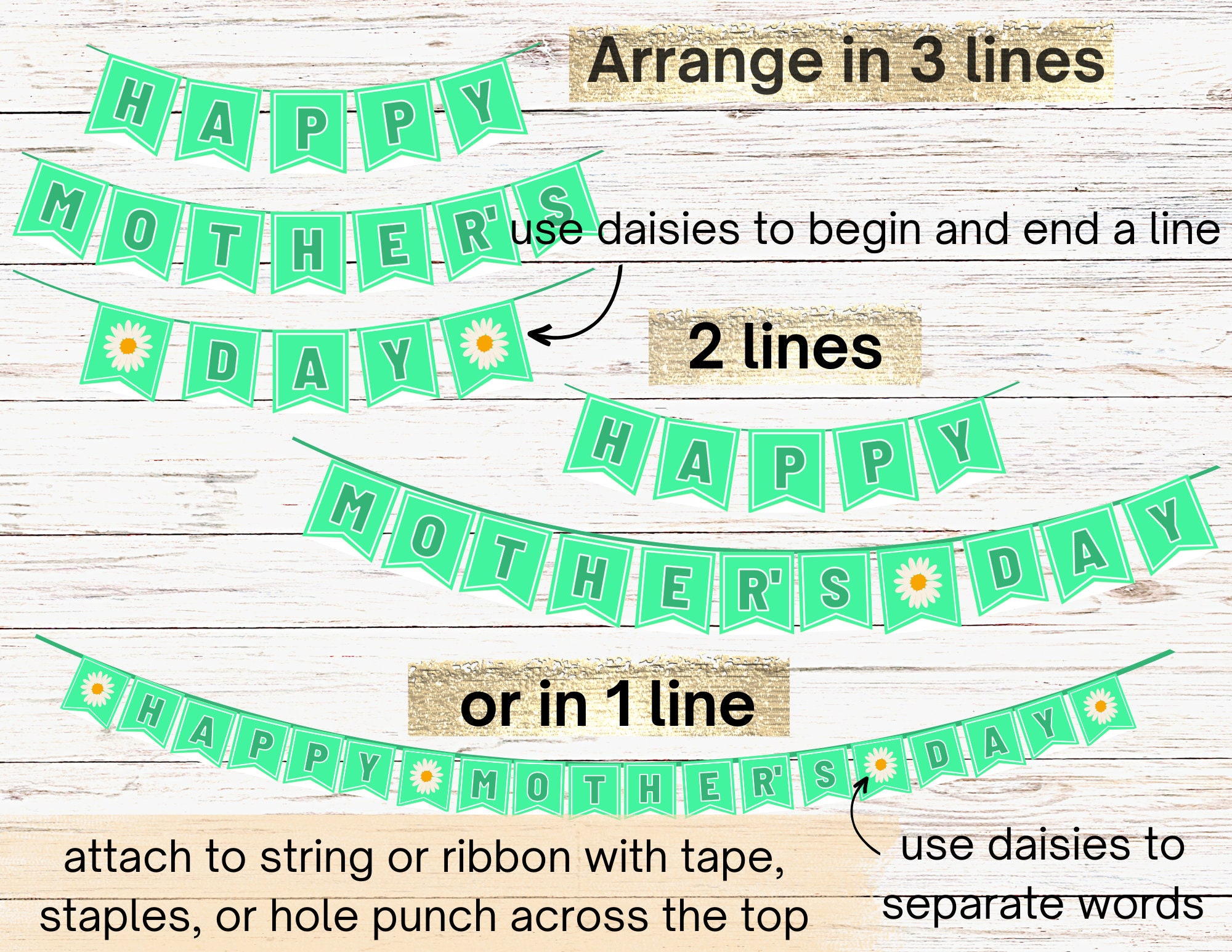 Happy Mother's Day Green Printable Banner With Daisies, DIY Mothers Day ...