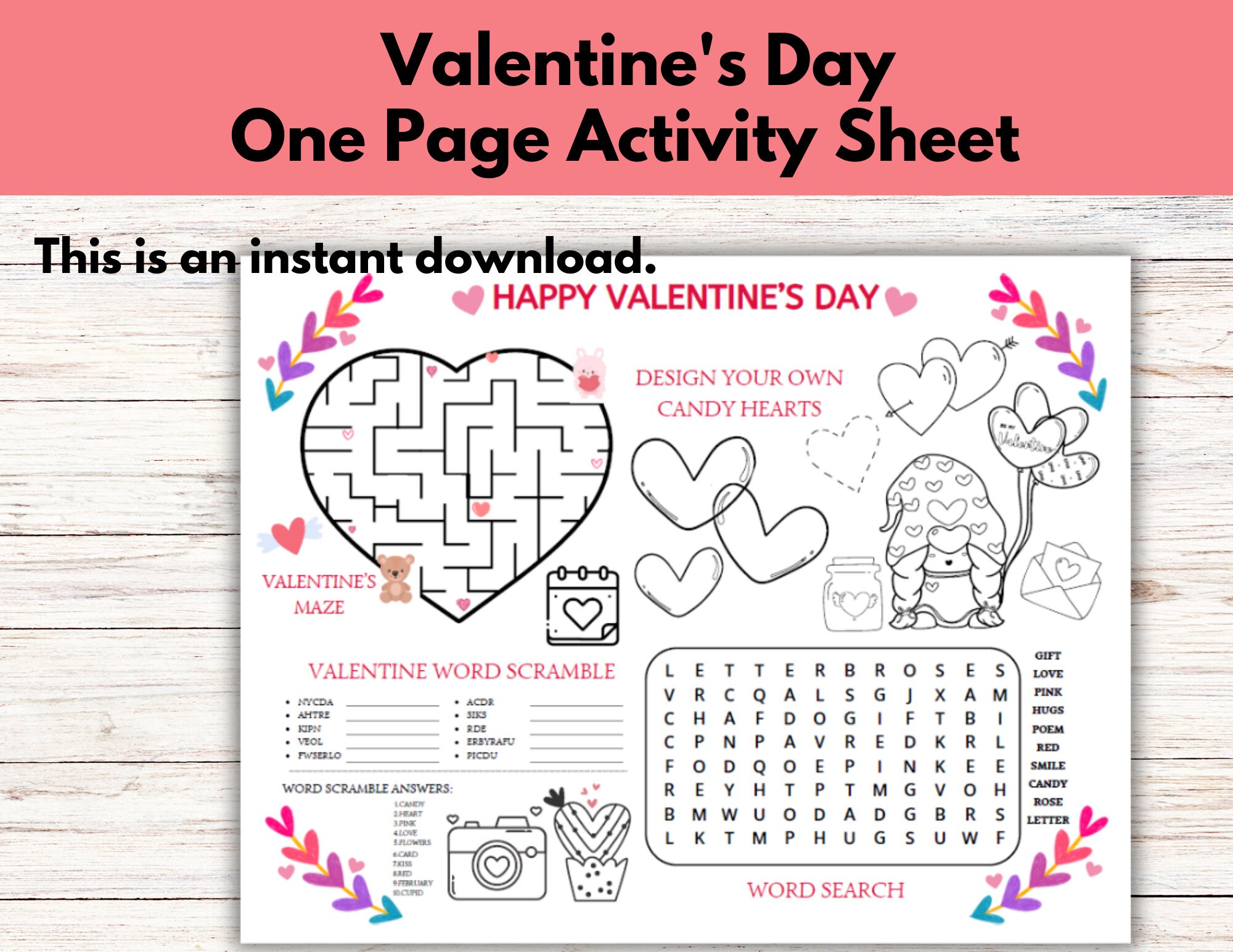 Valentines Day Printable Games, One Page Activity Sheet, Maze, Word ...