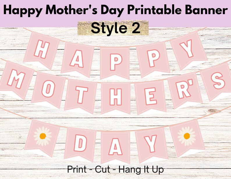 Happy Mother's Day Pink Printable Banner With Daisies, DIY Mothers Day ...