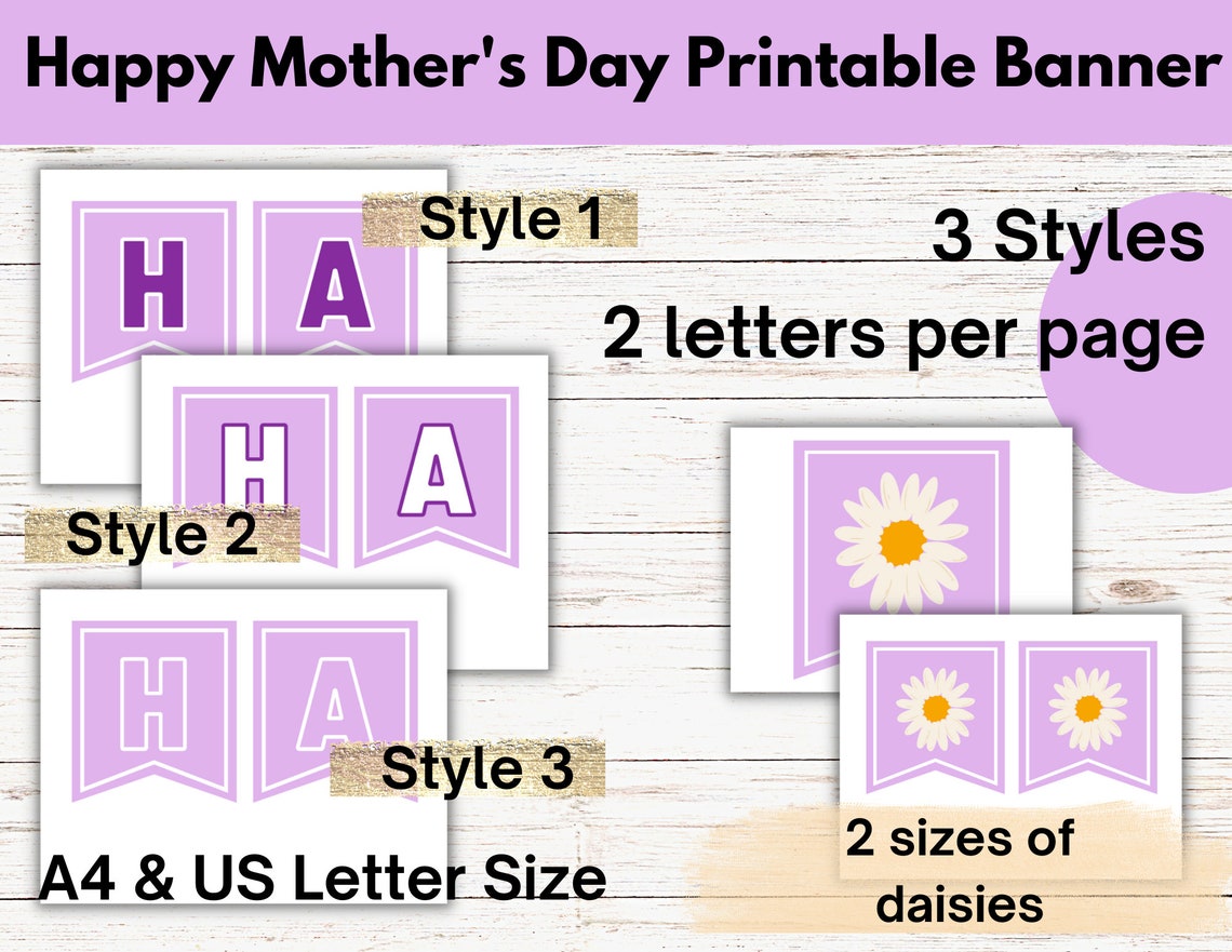Happy Mother's Day Purple Printable Banner With Daisies, DIY Mothers ...