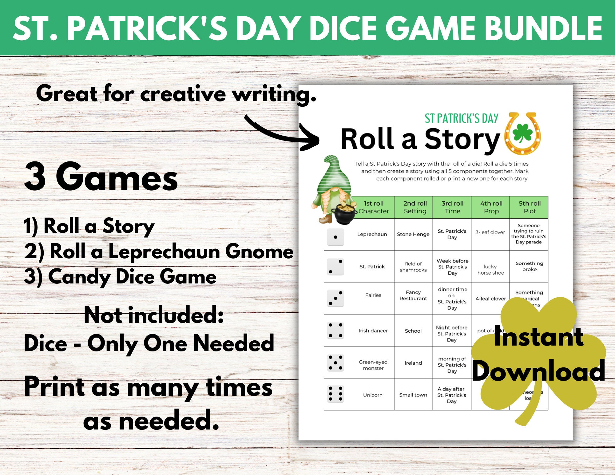 St Patricks Day Dice Games Bundle, Roll a Leprechaun Gnome, Roll a ...