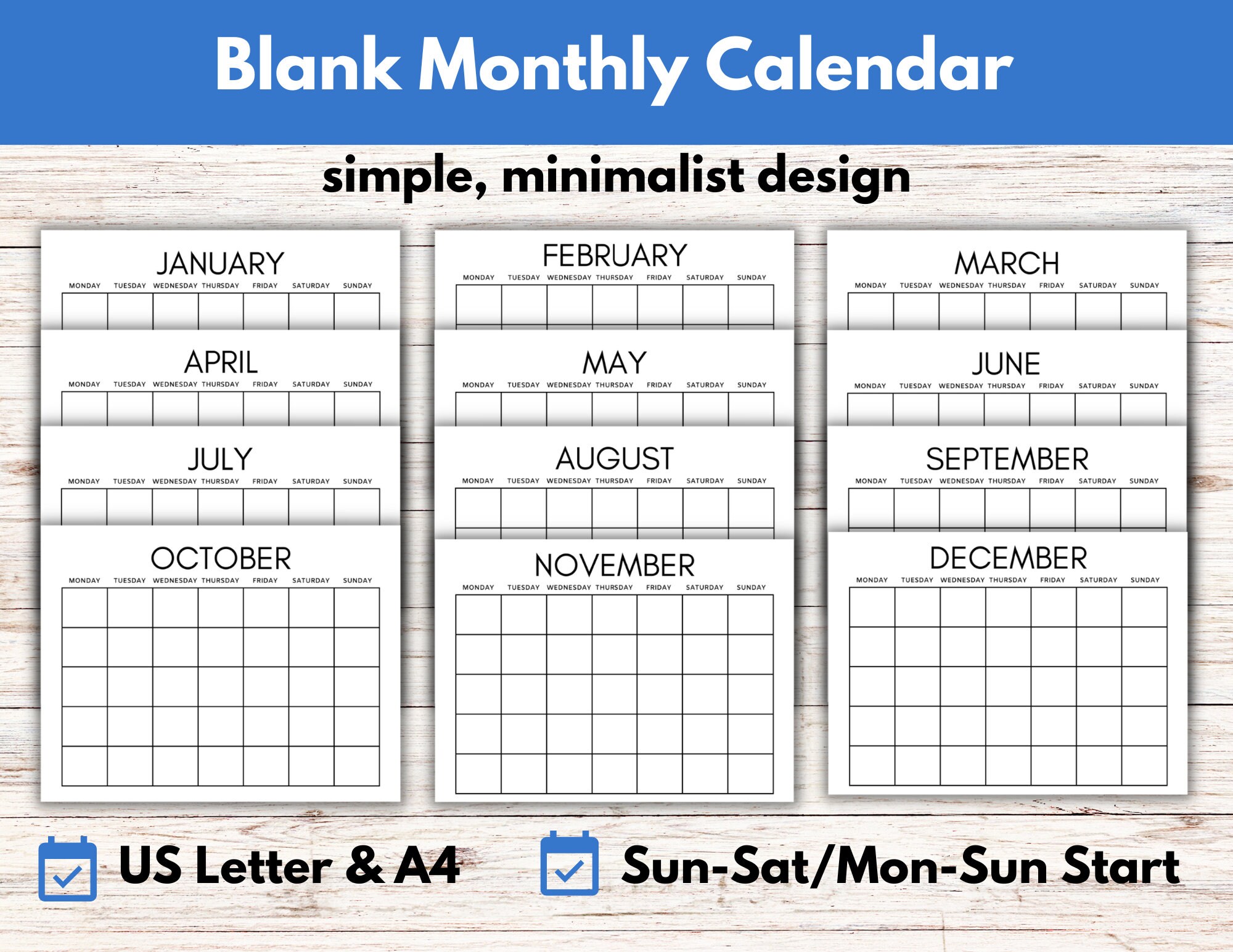 Blank Monthly Calendar Printable Yearly Planner, One Month a Page, Two ...
