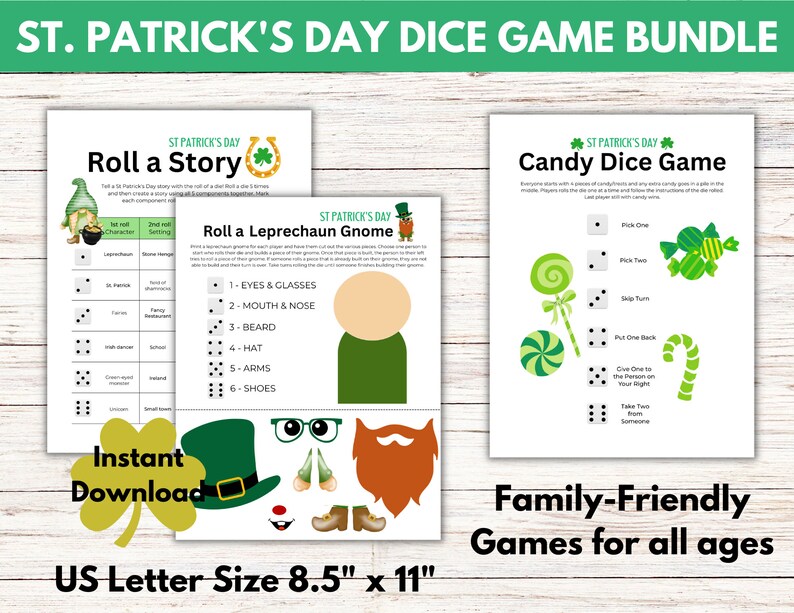 St Patricks Day Dice Games Bundle, Roll a Leprechaun Gnome, Roll a ...