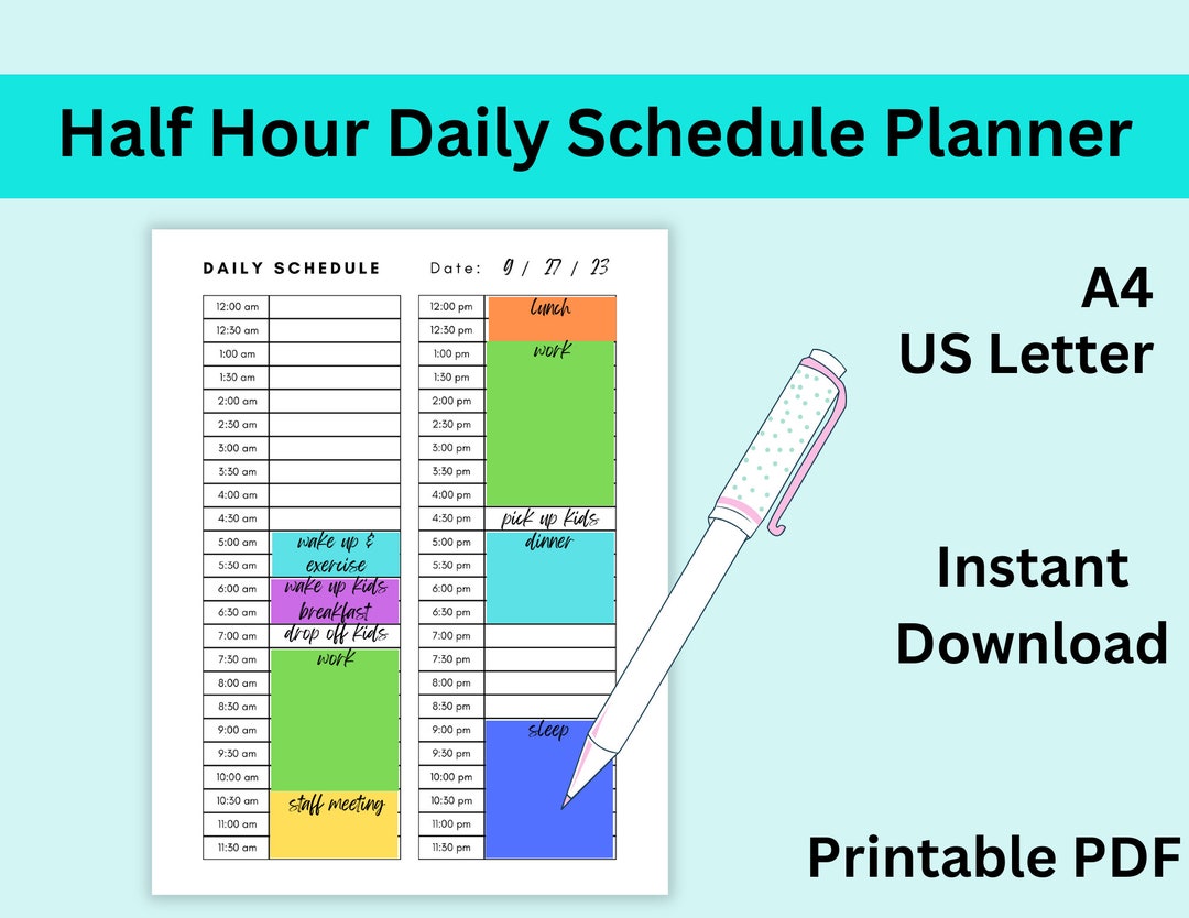 Half Hour Daily Schedule Planner, Half Hour Time Block, Daily Schedule ...