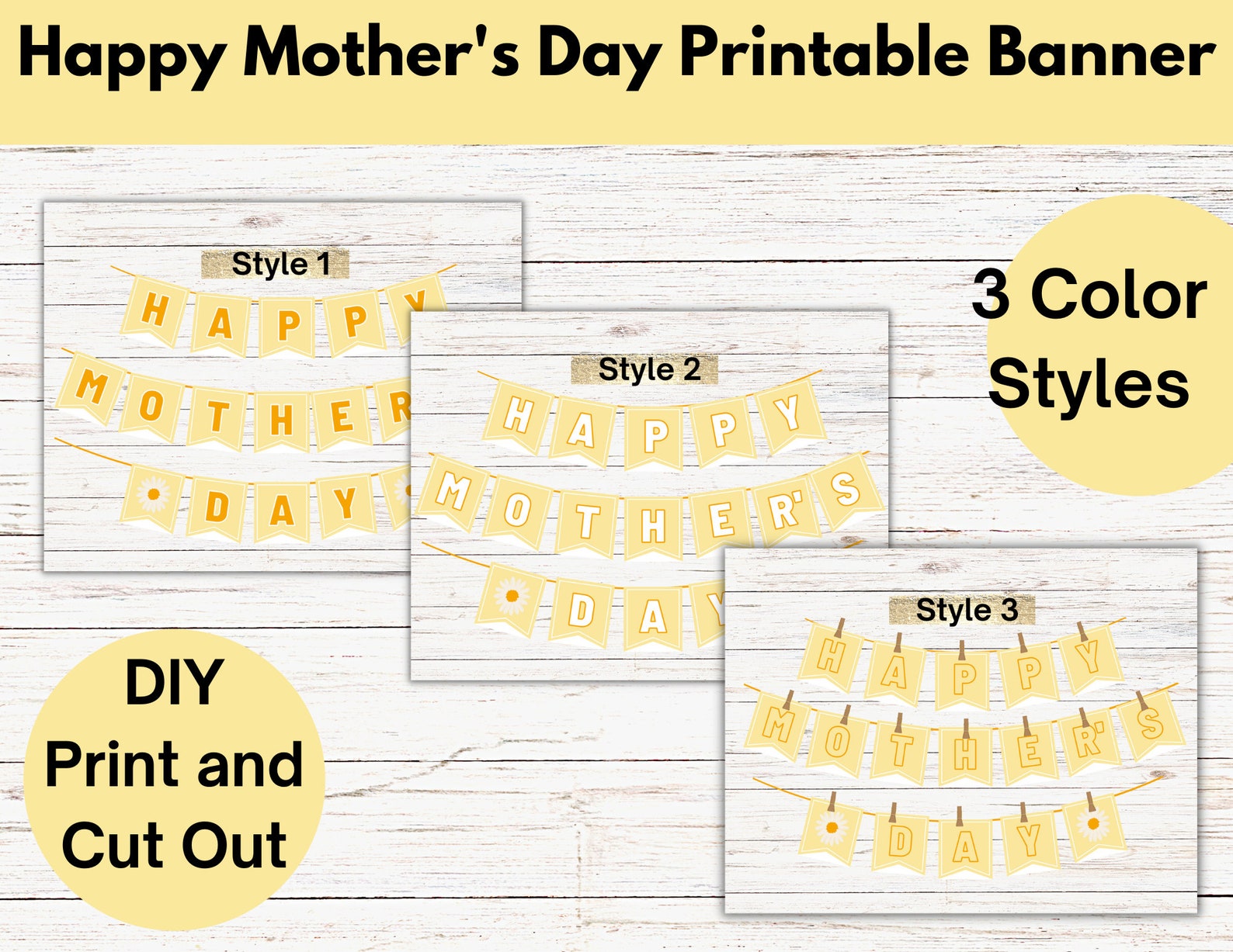 Happy Mother's Day Yellow Printable Banner With Daisies, DIY Mothers ...
