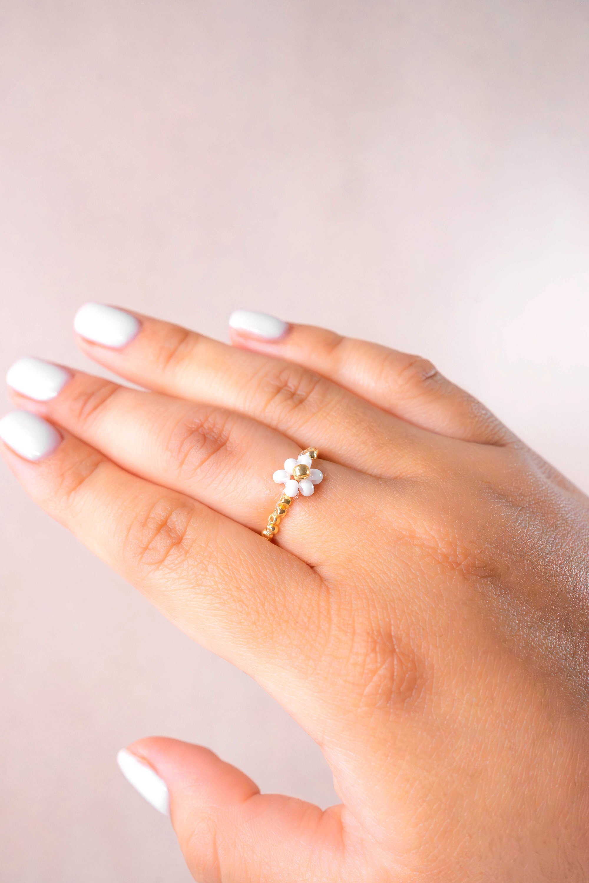 Dainty Floral Flower Ring, Stackable Women Flower Ring, Gold Beaded ...