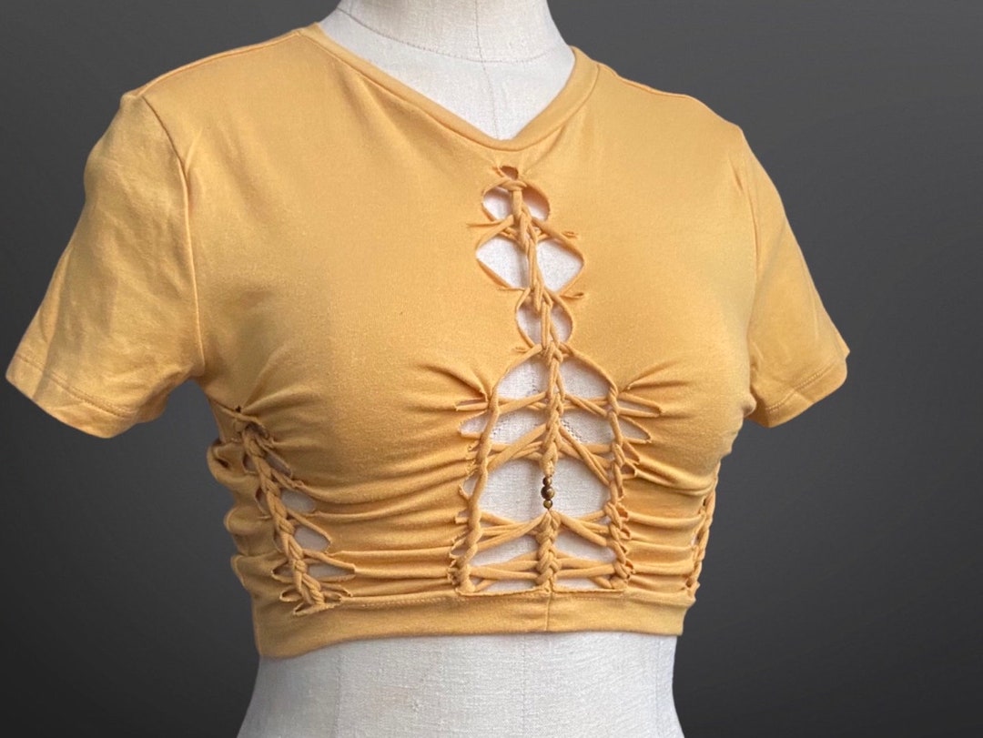 Slit Weave Tiger Eye Charm Top / Braided Tshirt / Yellow - Etsy