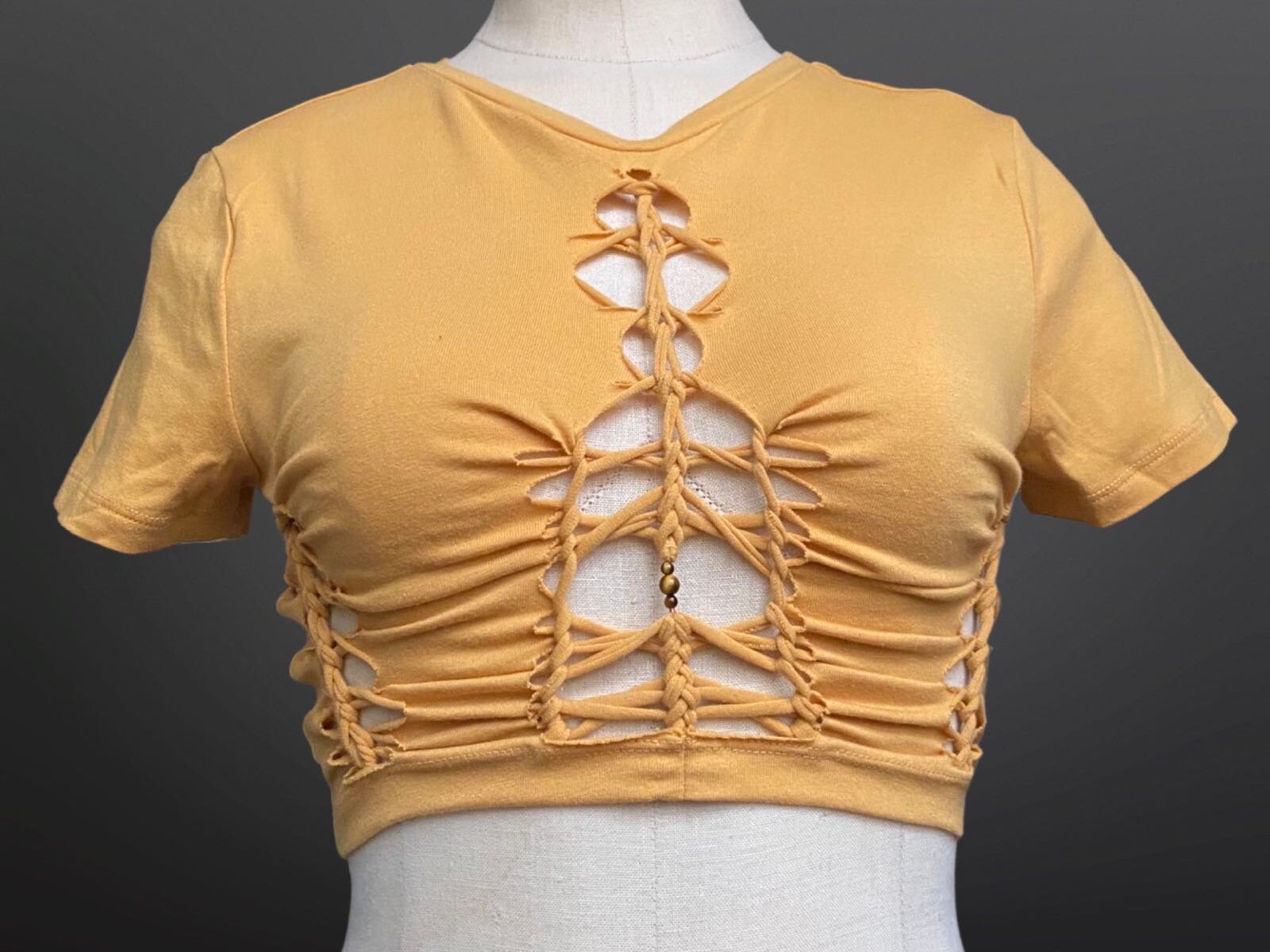 Slit Weave Tiger Eye Charm Top / Braided Tshirt / Yellow - Etsy