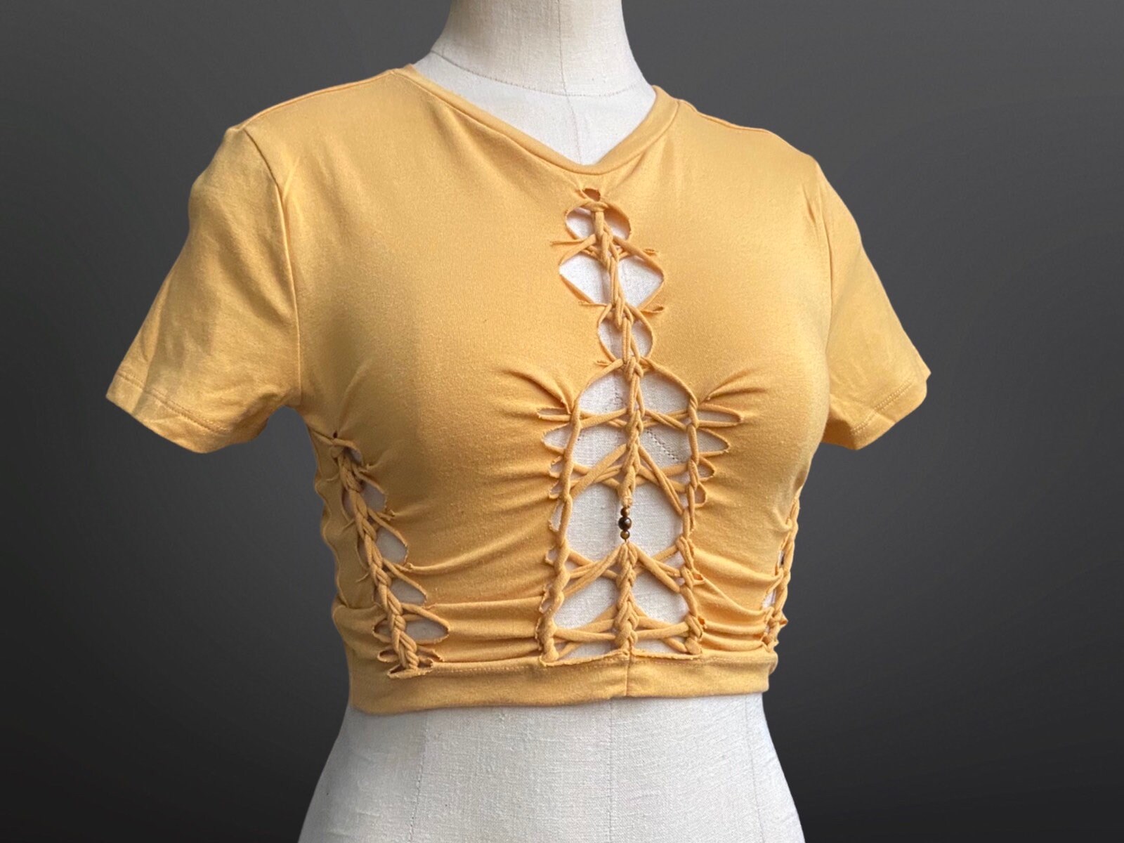 Slit Weave Tiger Eye Charm Top / Braided Tshirt / Yellow - Etsy