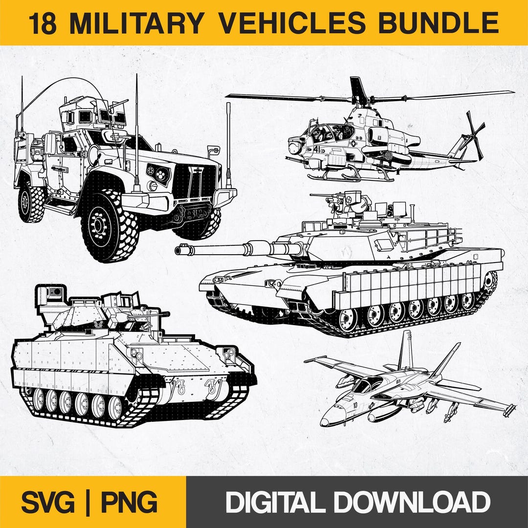 18 Military Vehicles Bundle | Svg, Png | Tanks, Helicopters, Fighter ...