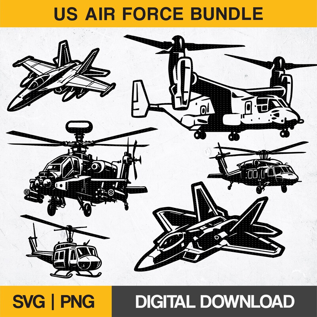 Military Aircraft SVG Bundle | 6 Designs, Apache, Black Hawk, F22 ...