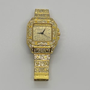 14k Gold Plated CZ Iced Out Watch Men Women Flooded Premium Watch Gift ...